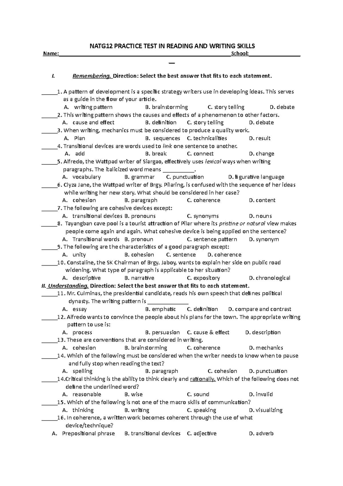 Reading-and-Writing - This is review test for Reading and Writing ...