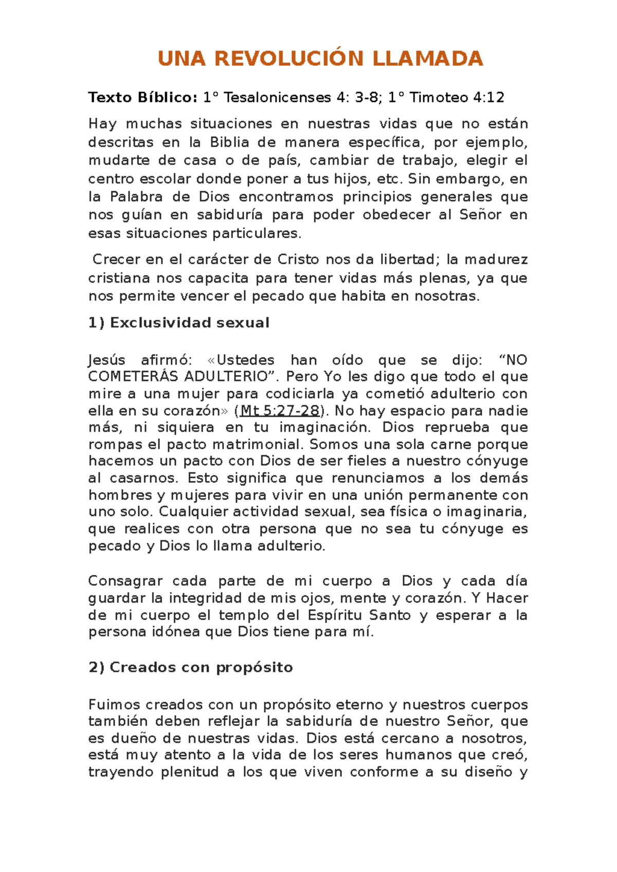 Reflexión- Integridad sexual - Texto Bíblico: 1° Tesalonicenses 4: 3-8 ...
