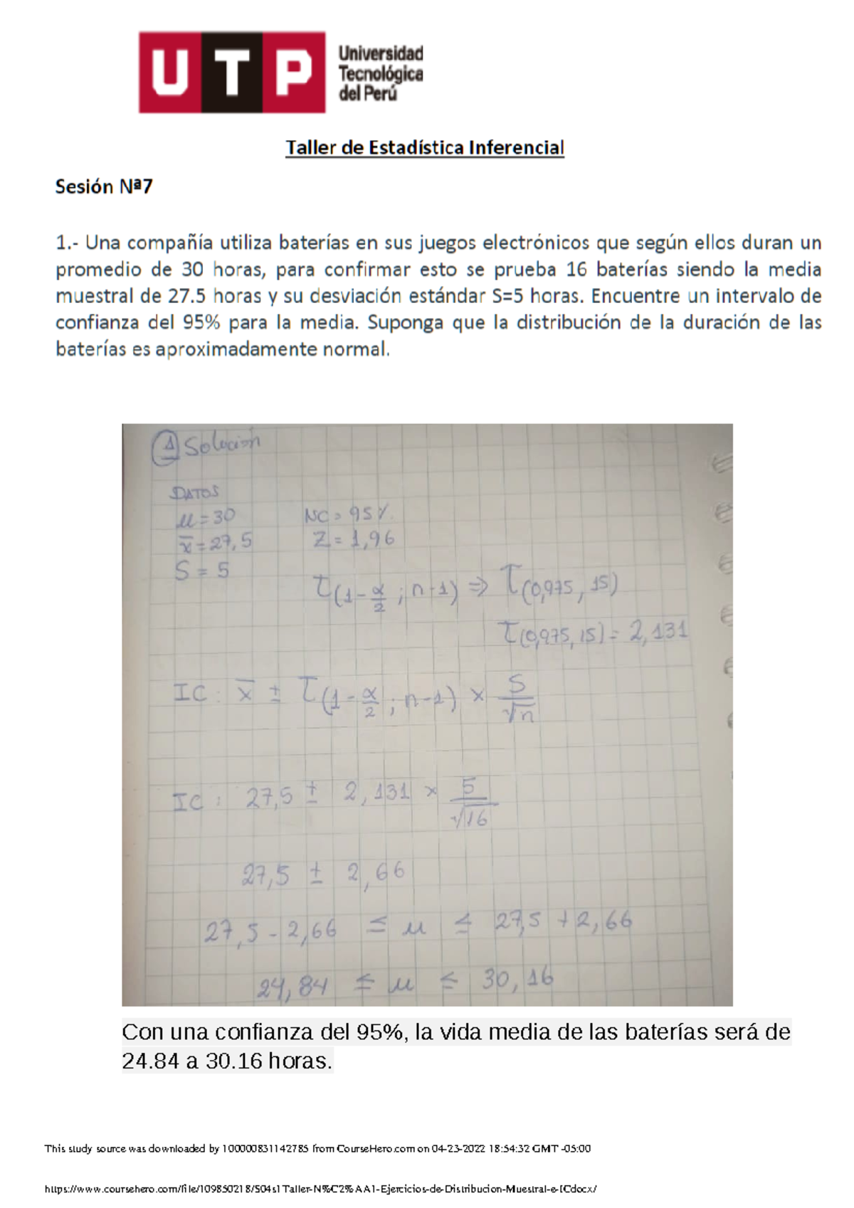 S04.s1Taller N1 Ejercicios de Distribucion Muestral e_IC - Con una confianza del 95%, la vida ...