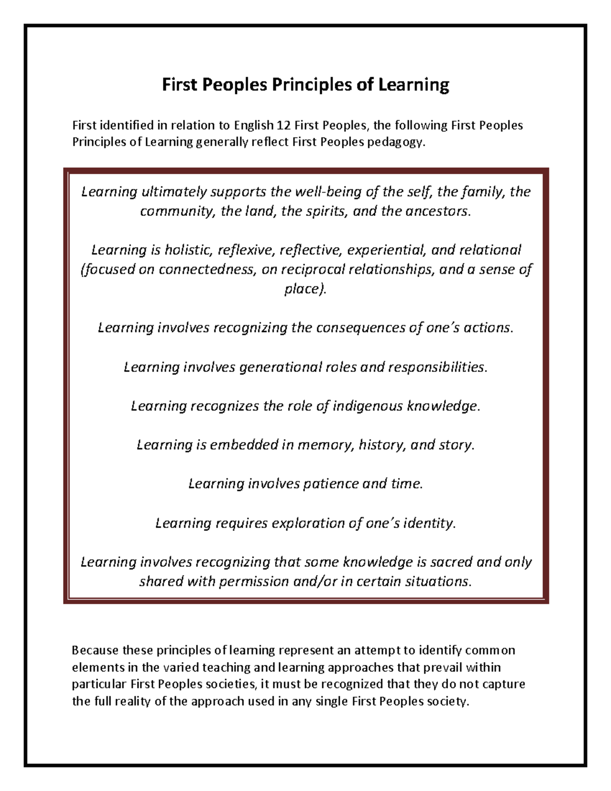 First People's Principles of Learning - Because these principles of ...
