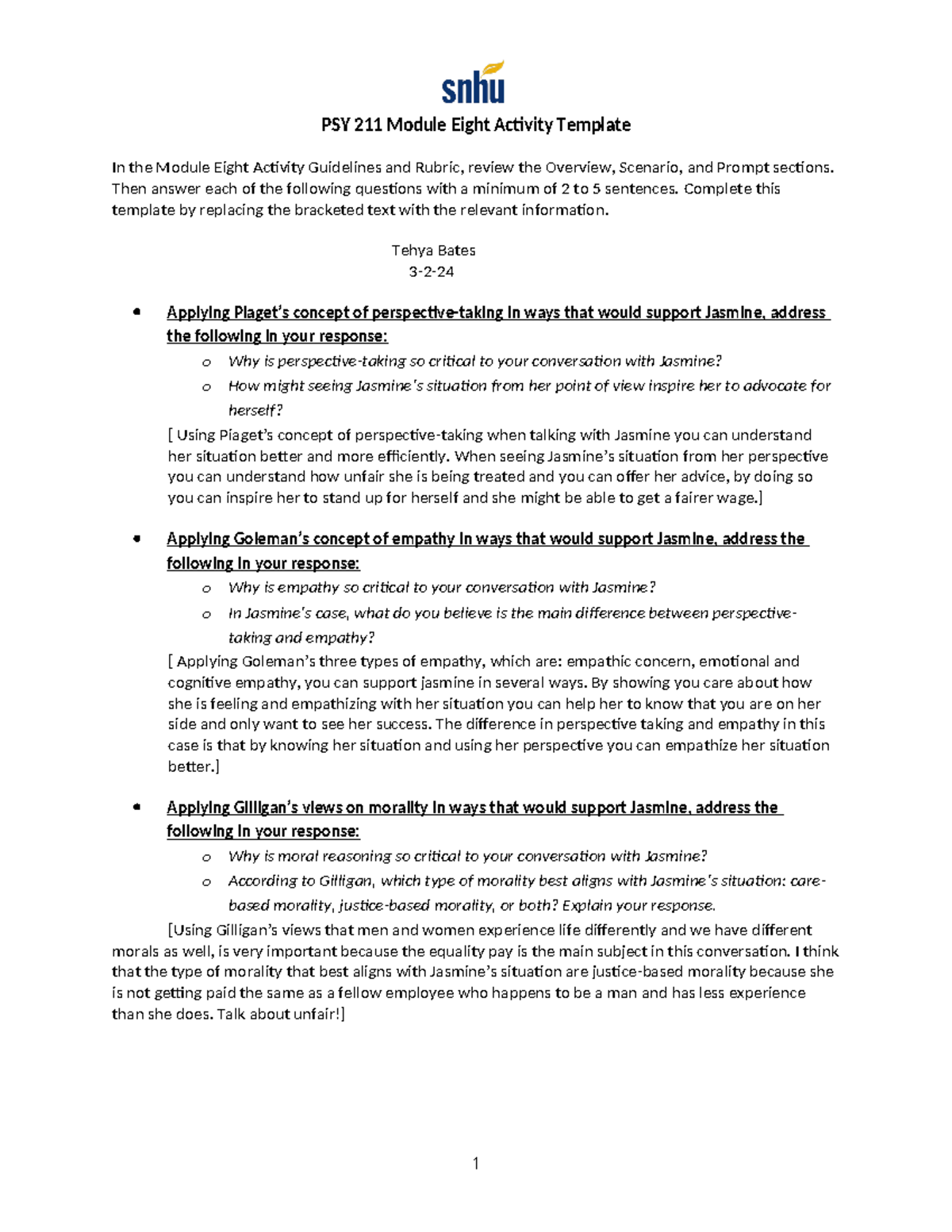 PSY 211 Module Eight Activity Template - Then answer each of the ...