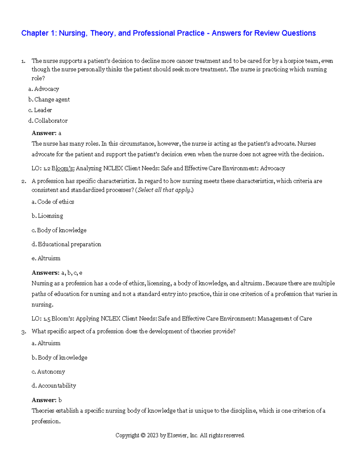 Chapter 1 Review Questions & Answers - Chapter 1: Nursing, Theory, and Professional Practice ...