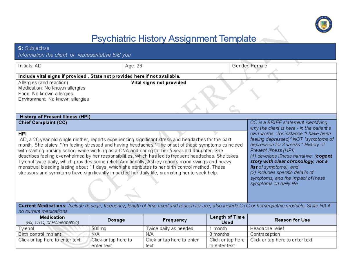 NR 548 psychiatric history assignment template - Psychiatric History ...