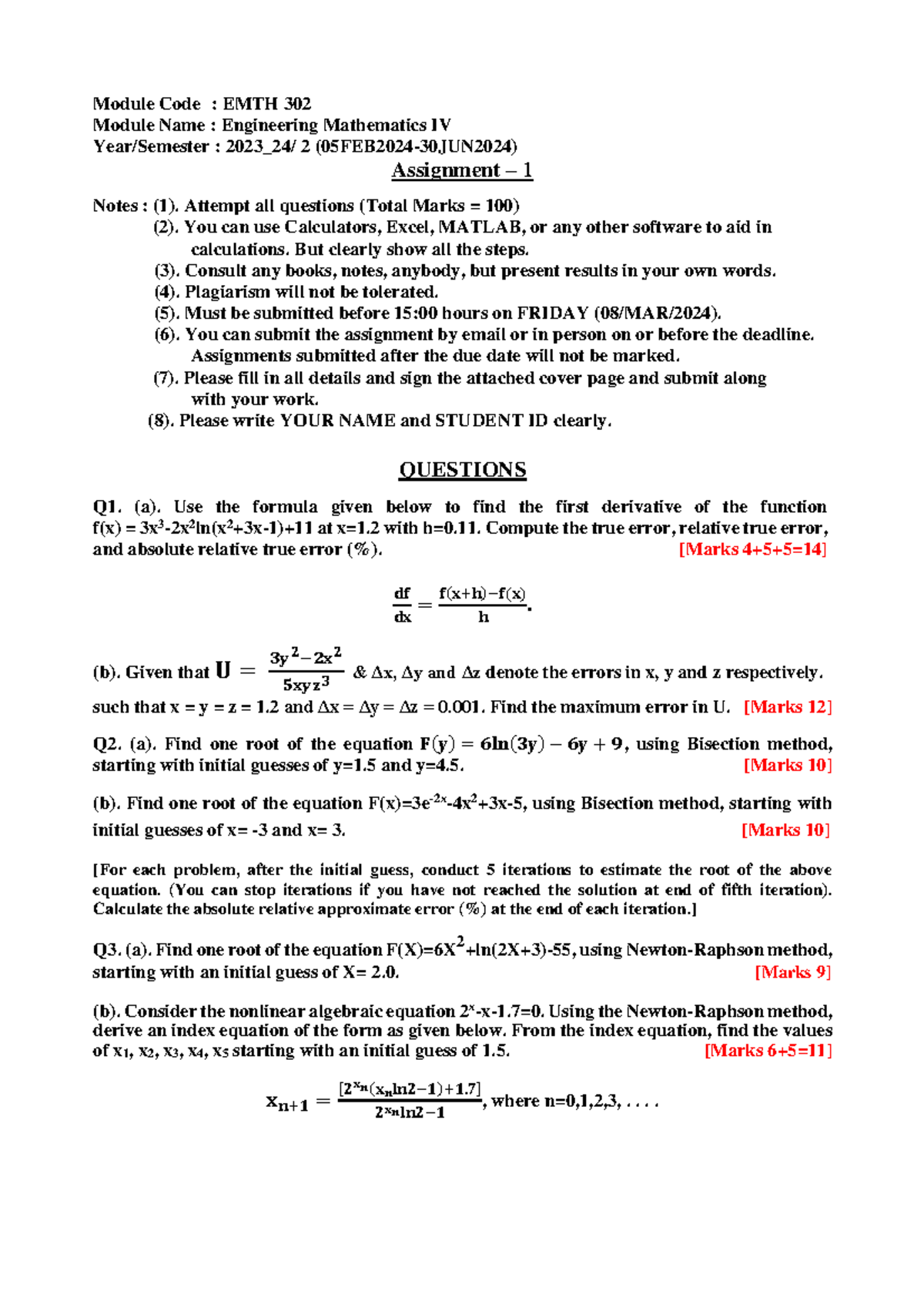 Assignment 1 - Rel 26FEB2024 Due 08MAR2024 - Module Code : EMTH 302 Module Name : Engineering ...