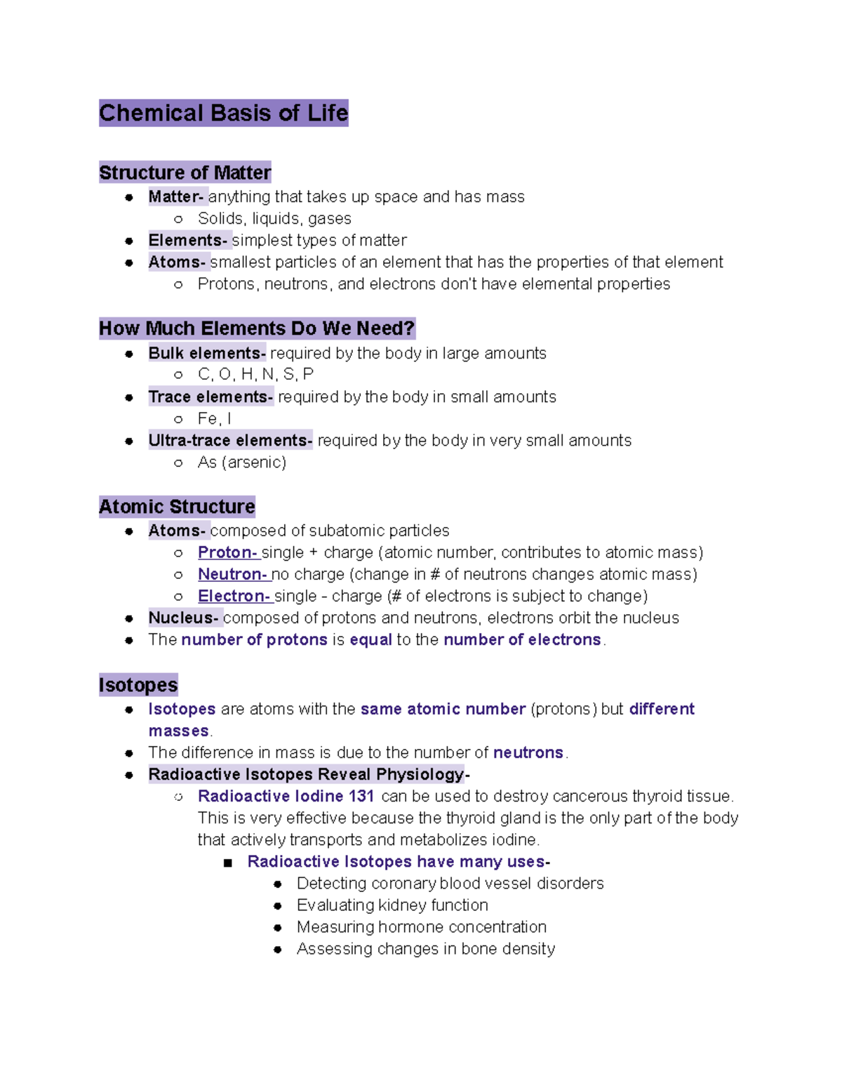 Chemical Basis of Life - Chemical Basis of Life Structure of Matter ...