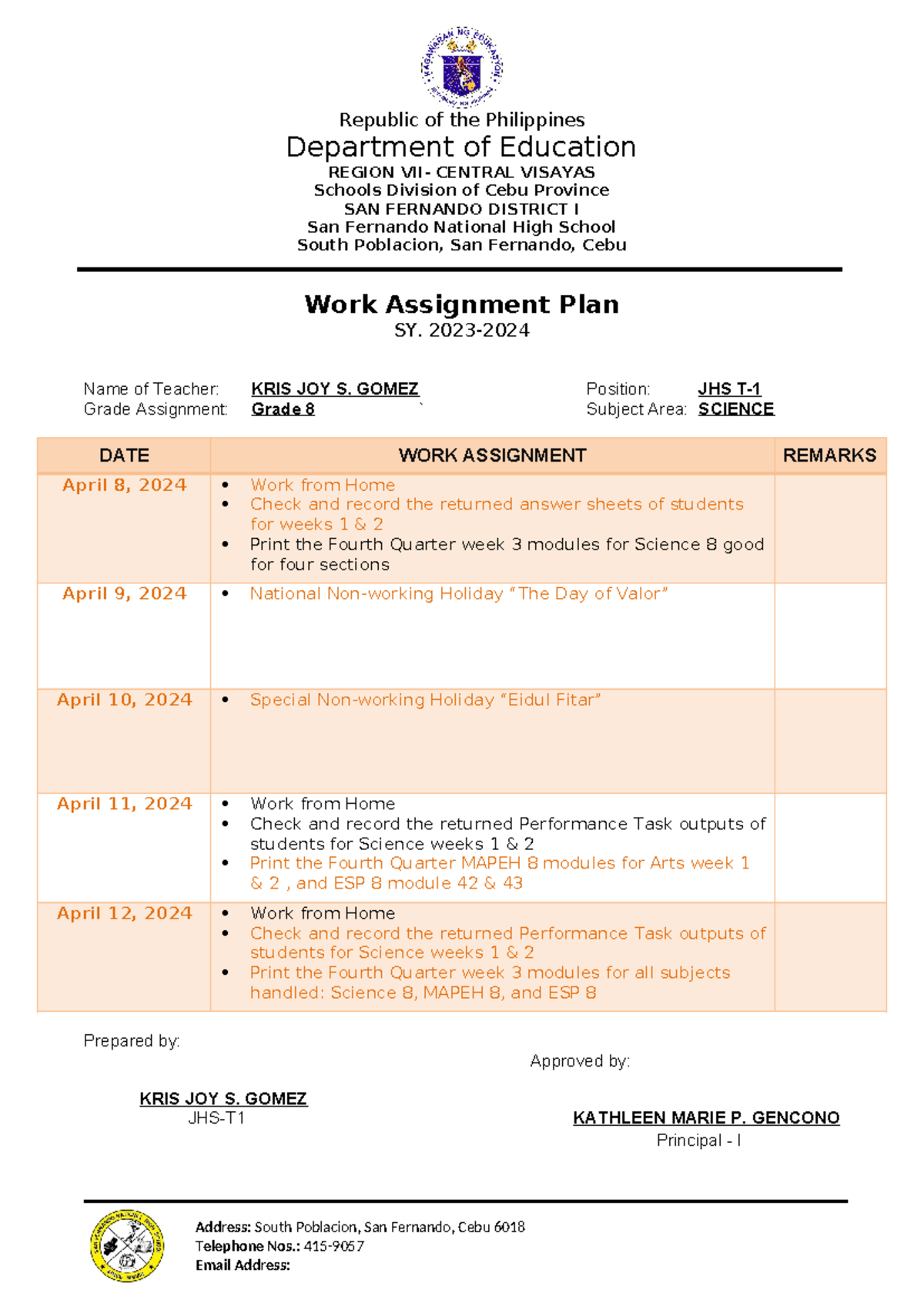 Gomez WAP APR-8-12 - Just a weekly plan. - Republic of the Philippines ...