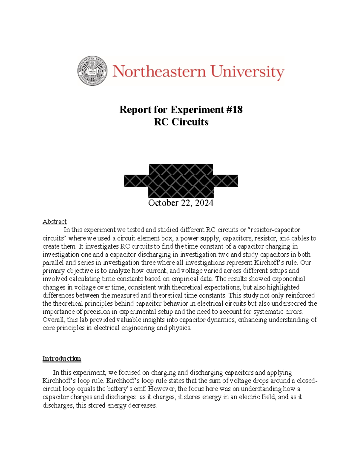 Physics 2 Experiment #18 Lab Report on RC Circuits 2 - Report for Experiment RC Circuits October ...