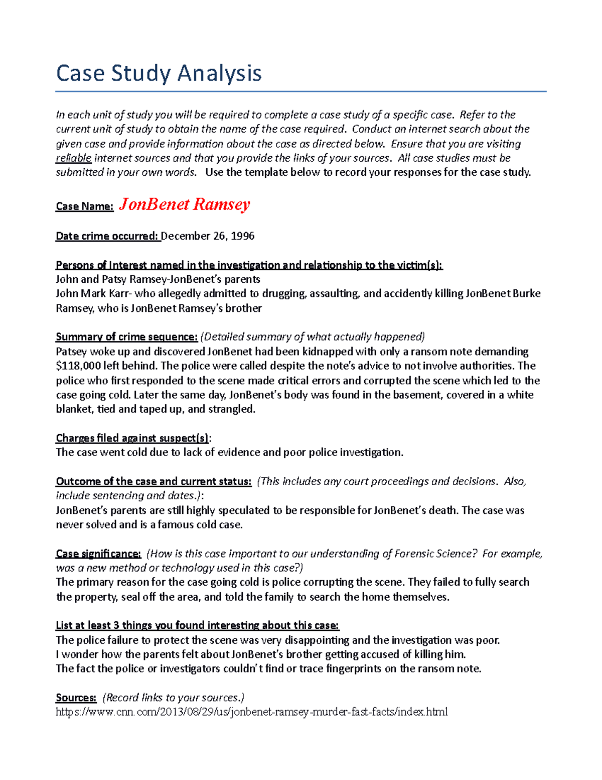 Copy of Case Study Jon Benet Ramsey for dual enrollment - Case Study ...