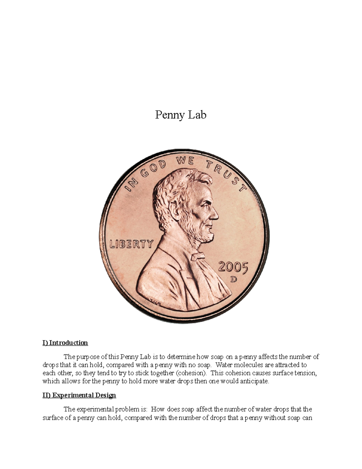 Penny Lab final - Penny Lab I) Introduction The purpose of this Penny ...