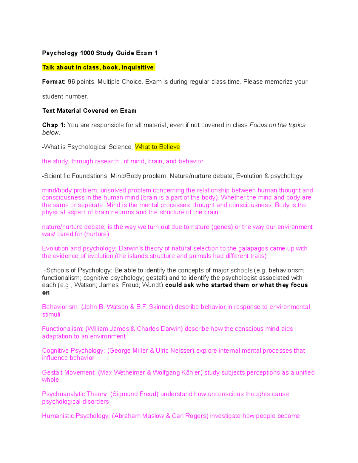 Psychology 1000 Study Guide Exam 1 - Psychology 1000 Study Guide Exam 1 ...
