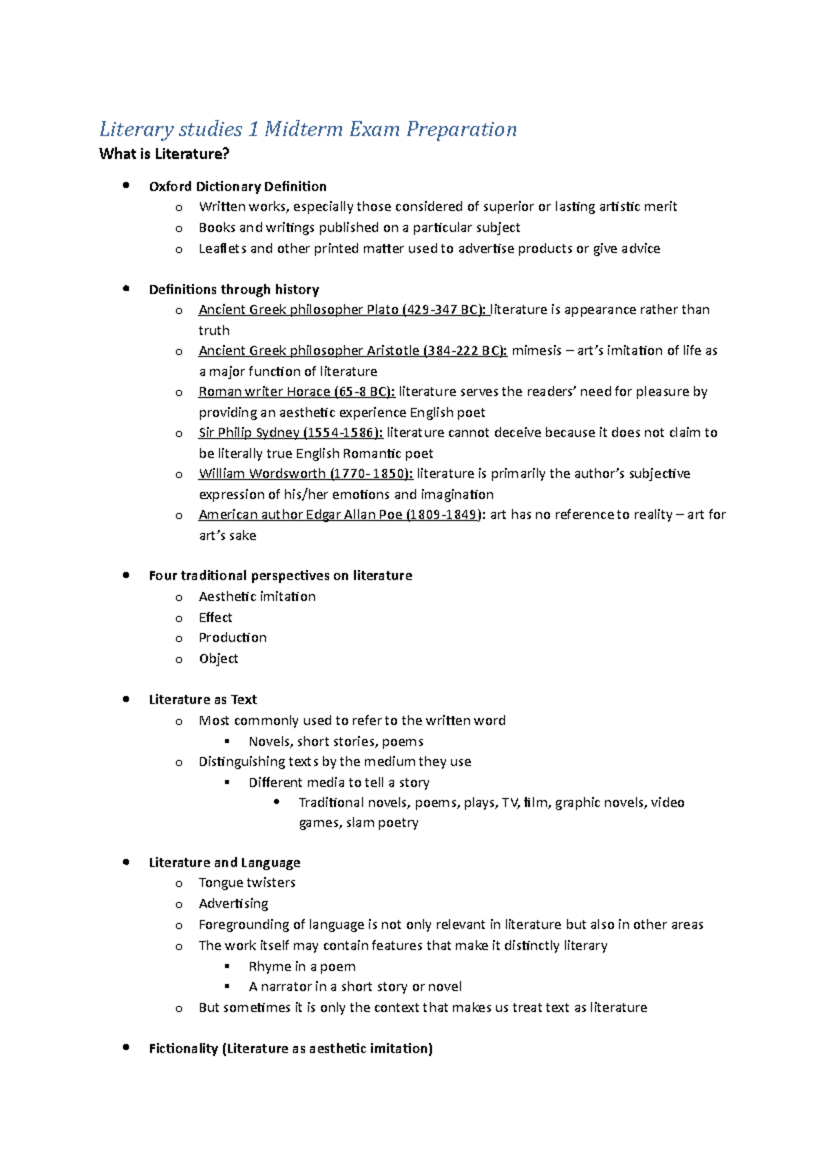 Literary studies 1 midterm exam prep - Literary studies 1 Midterm Exam ...