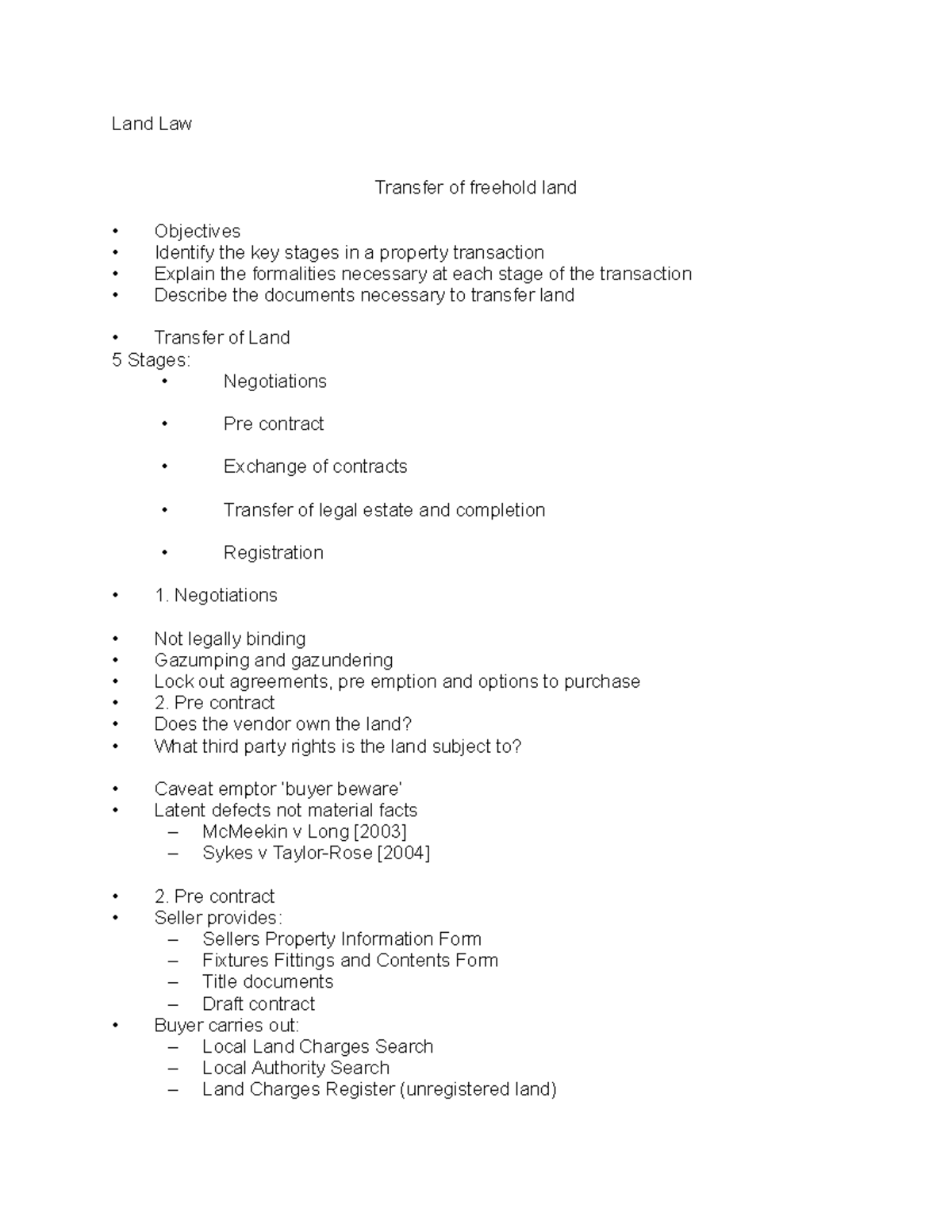 Transfer of Freehold Land - Land Law Transfer of freehold land ...