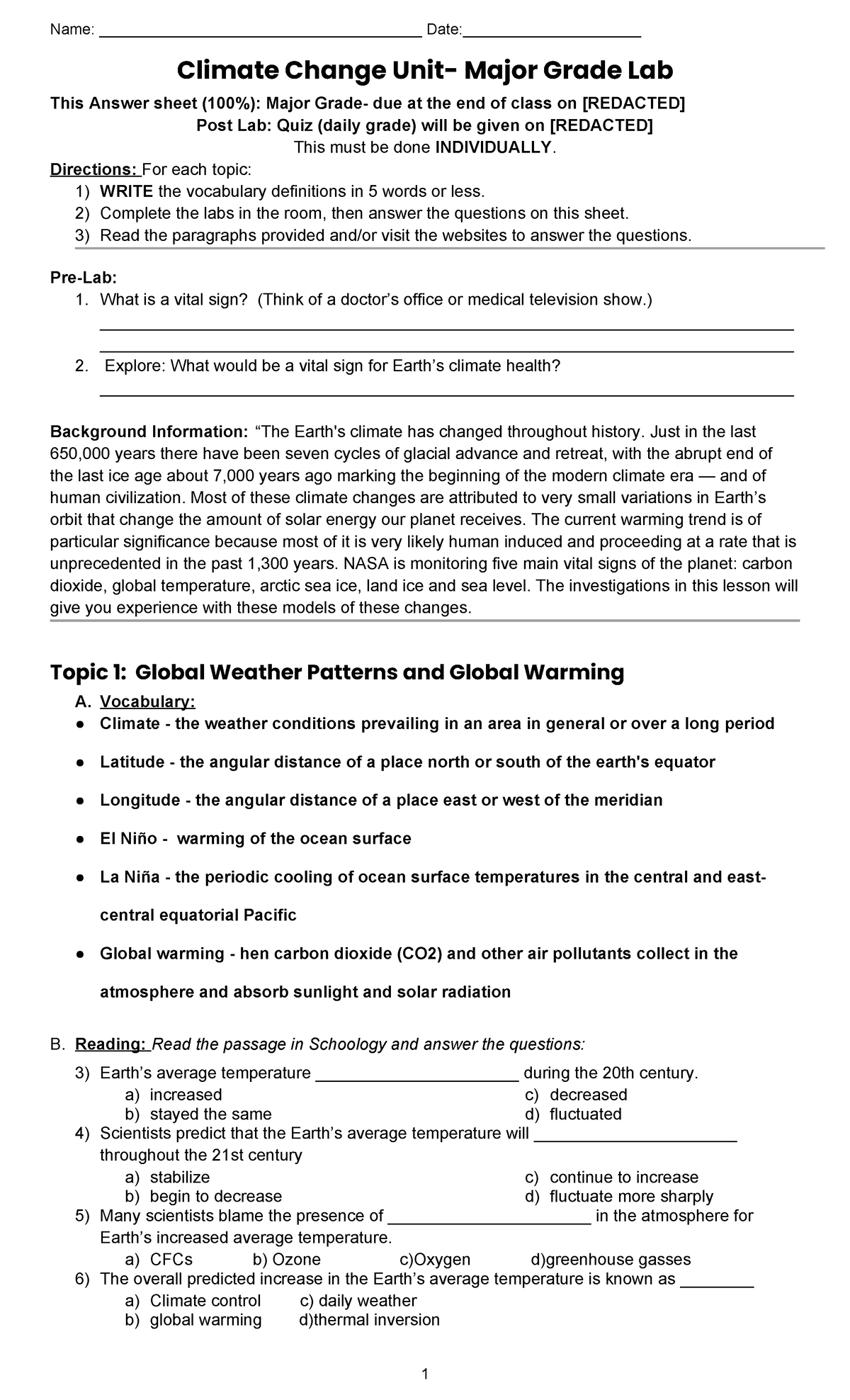 Climate Change Student Answer Sheet SY24+(2) - Climate Change Unit ...