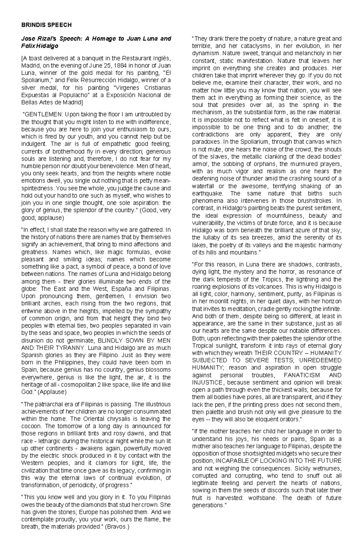 Brindis-Speech - Brindis-Speech Rizal - BRINDIS SPEECH Jose Rizal’s ...