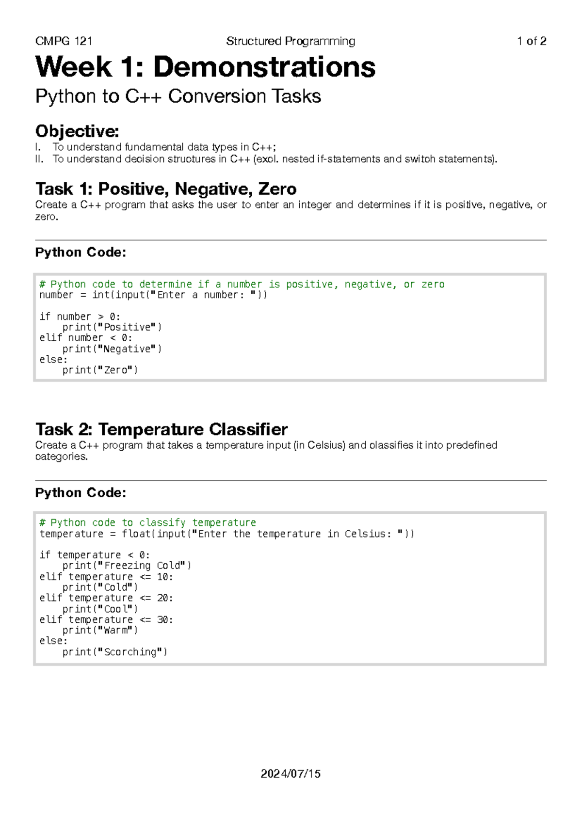 CMPG121+Week1 Demonstration Tasks - CMPG 121 Structured Programming 1 of 2 Week 1 ...