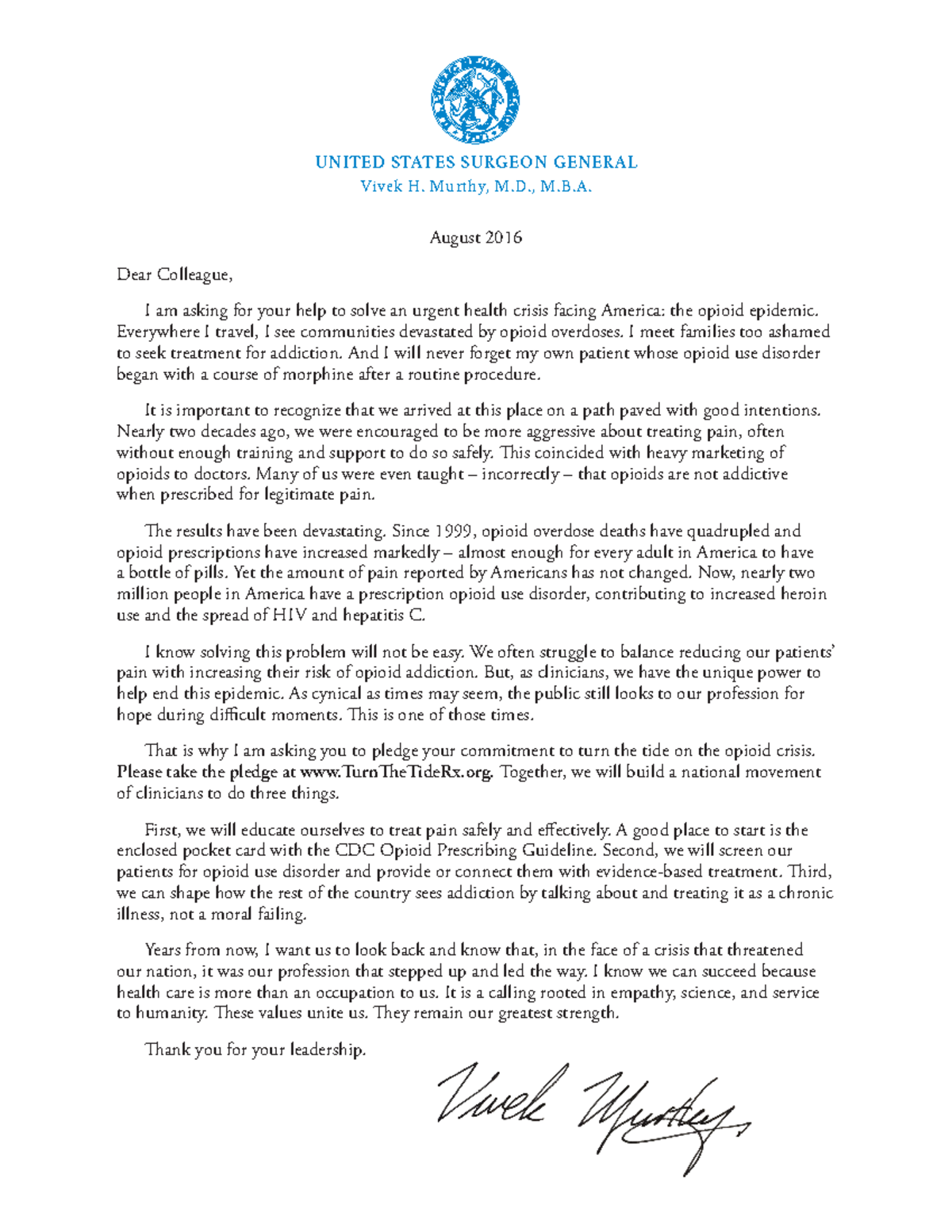 Vivek Murthy Letter - The teacher's explanation - August 2016 Dear ...