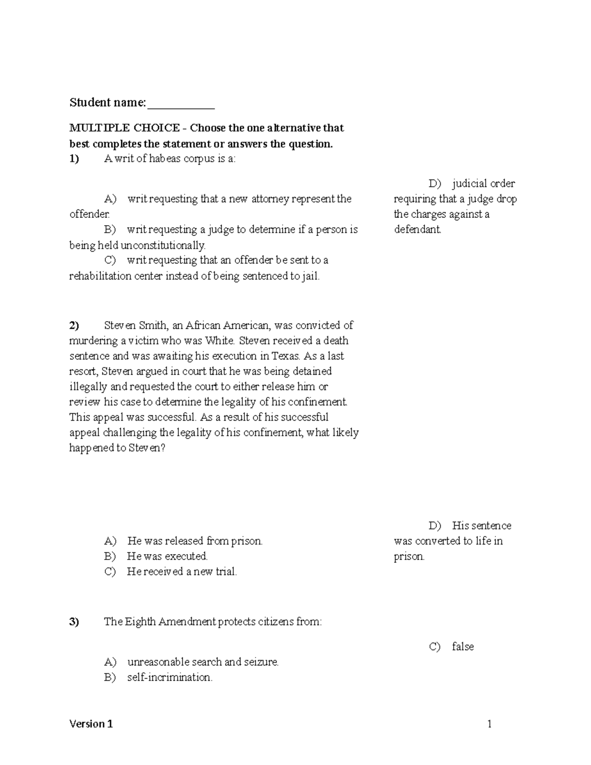 Chapter 10 Sentencing version 1 Test Bank - CJUS 500 - LU - Studocu