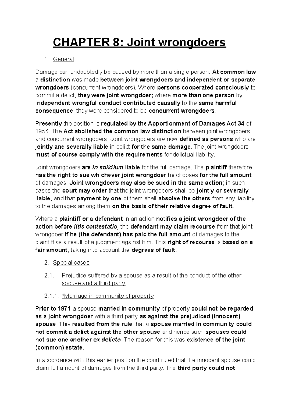 Study module 8 - COMPANY LAW MEMO - CHAPTER 8: Joint wrongdoers General ...