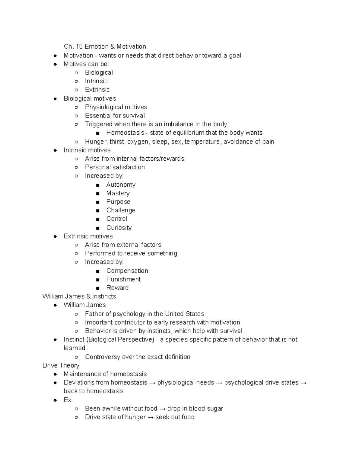Psych Chap 10 - Ch. 10 Emotion & Motivation Motivation - wants or needs ...