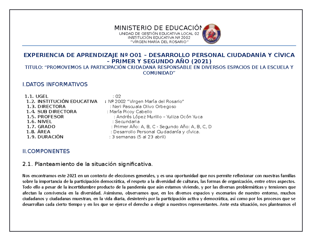 1° Y 2° Secundaria Experiencia DE Aprendizaje N°01 - DPCC Yuliza - MINISTERIO DE EDUCACIÓN ...