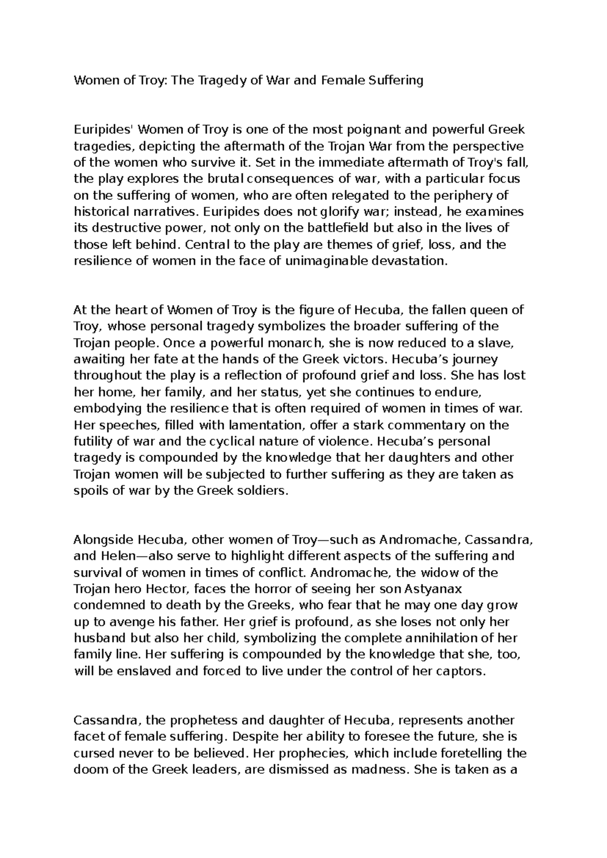 Women of Troy - sample essay - Women of Troy: The Tragedy of War and ...