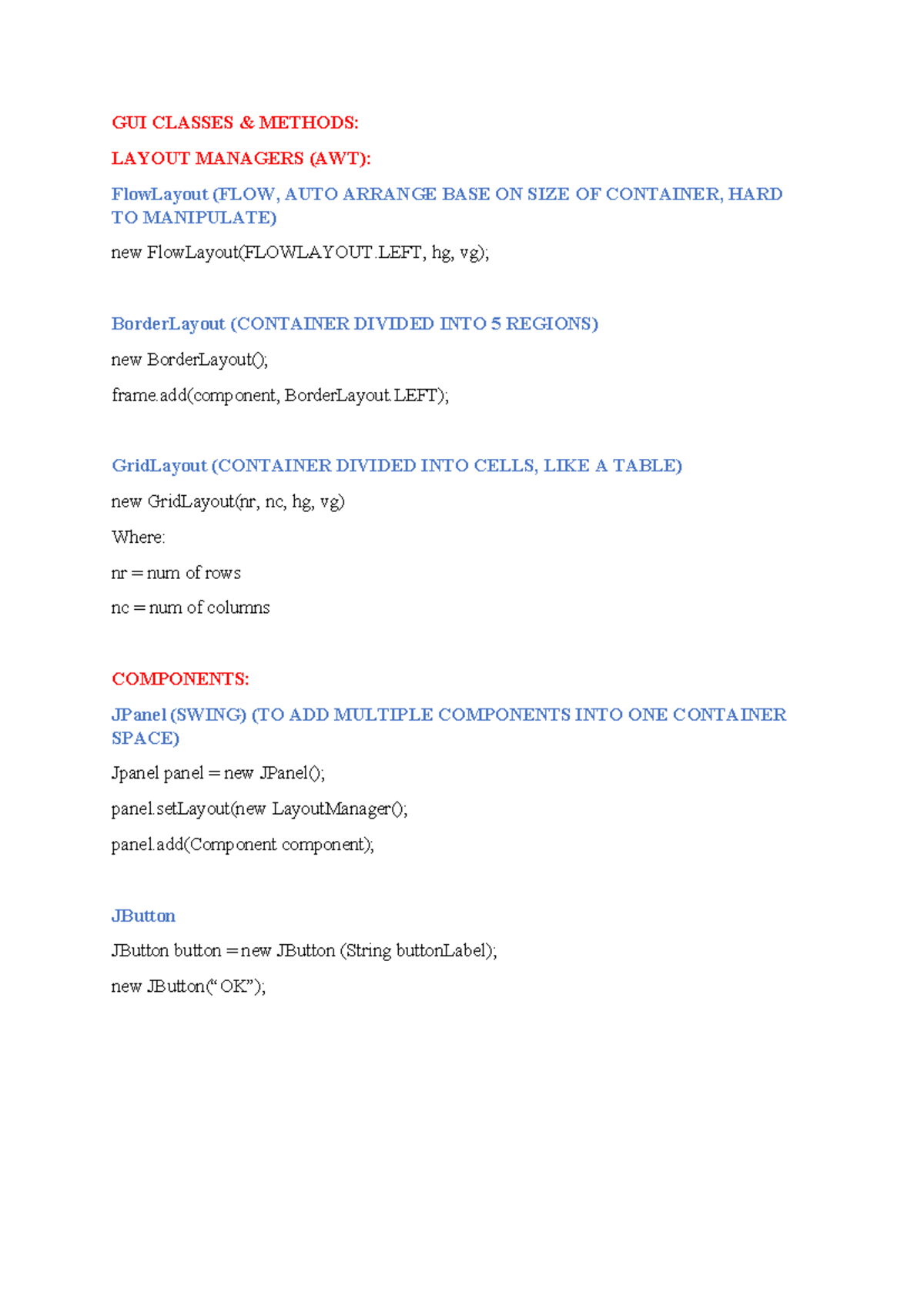 Programming Classes AND Methods - GUI CLASSES & METHODS: LAYOUT MANAGERS (AWT): FlowLayout - Studocu
