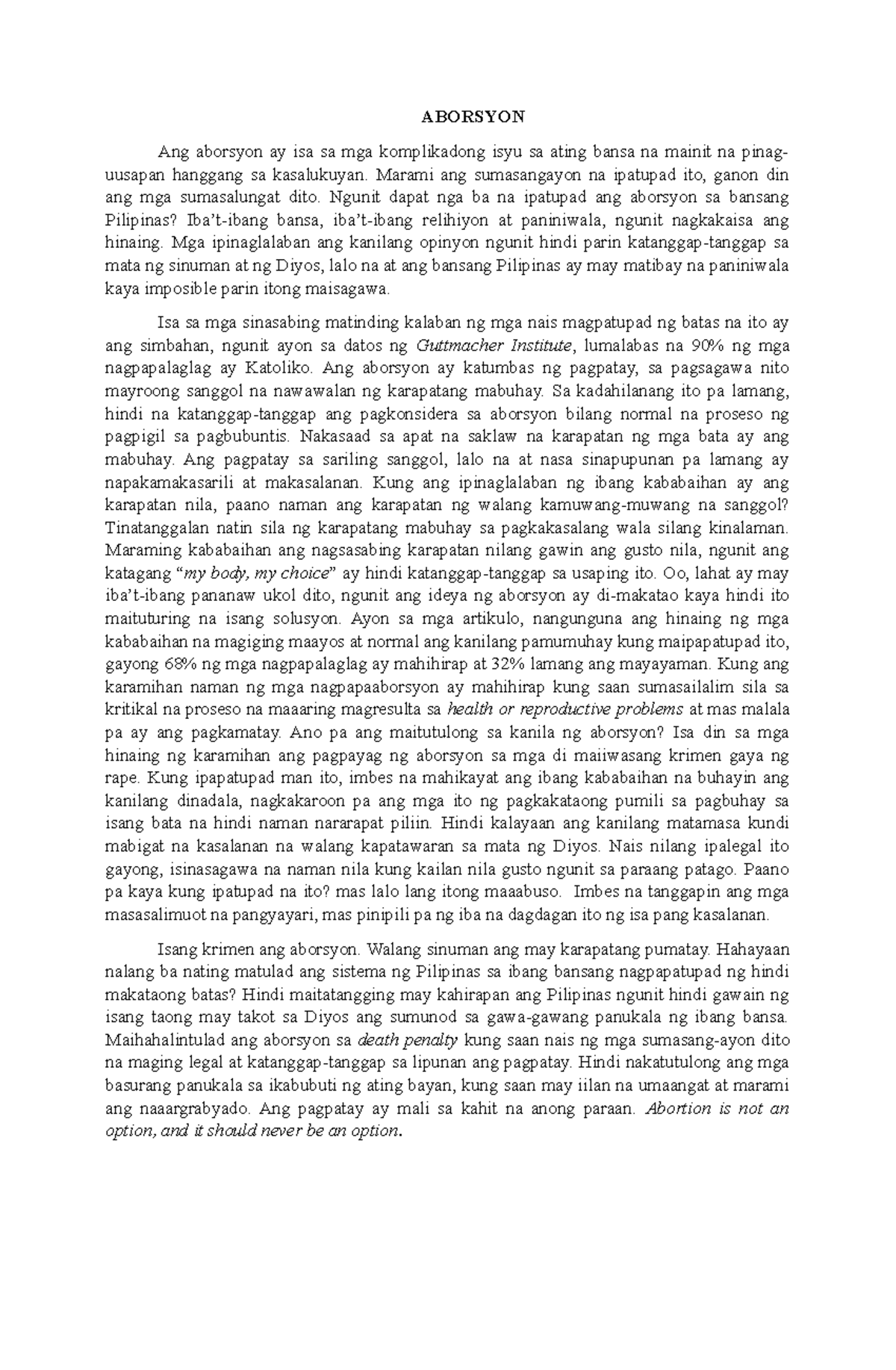 Aborsyon - This is a sample answer on the abortion issue. - ABORSYON ...