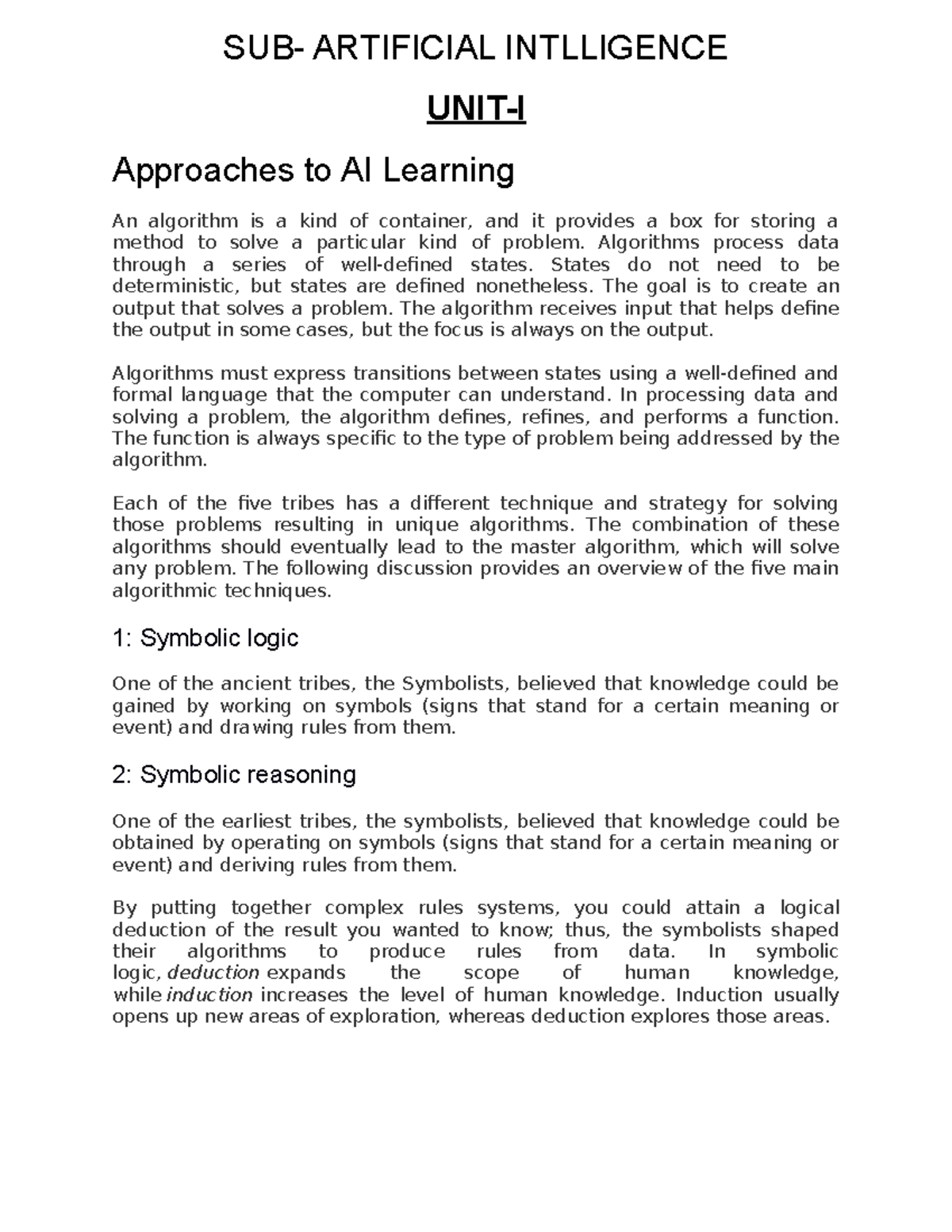 Artifiial intelligence - SUB- ARTIFICIAL INTLLIGENCE UNIT-I Approaches ...