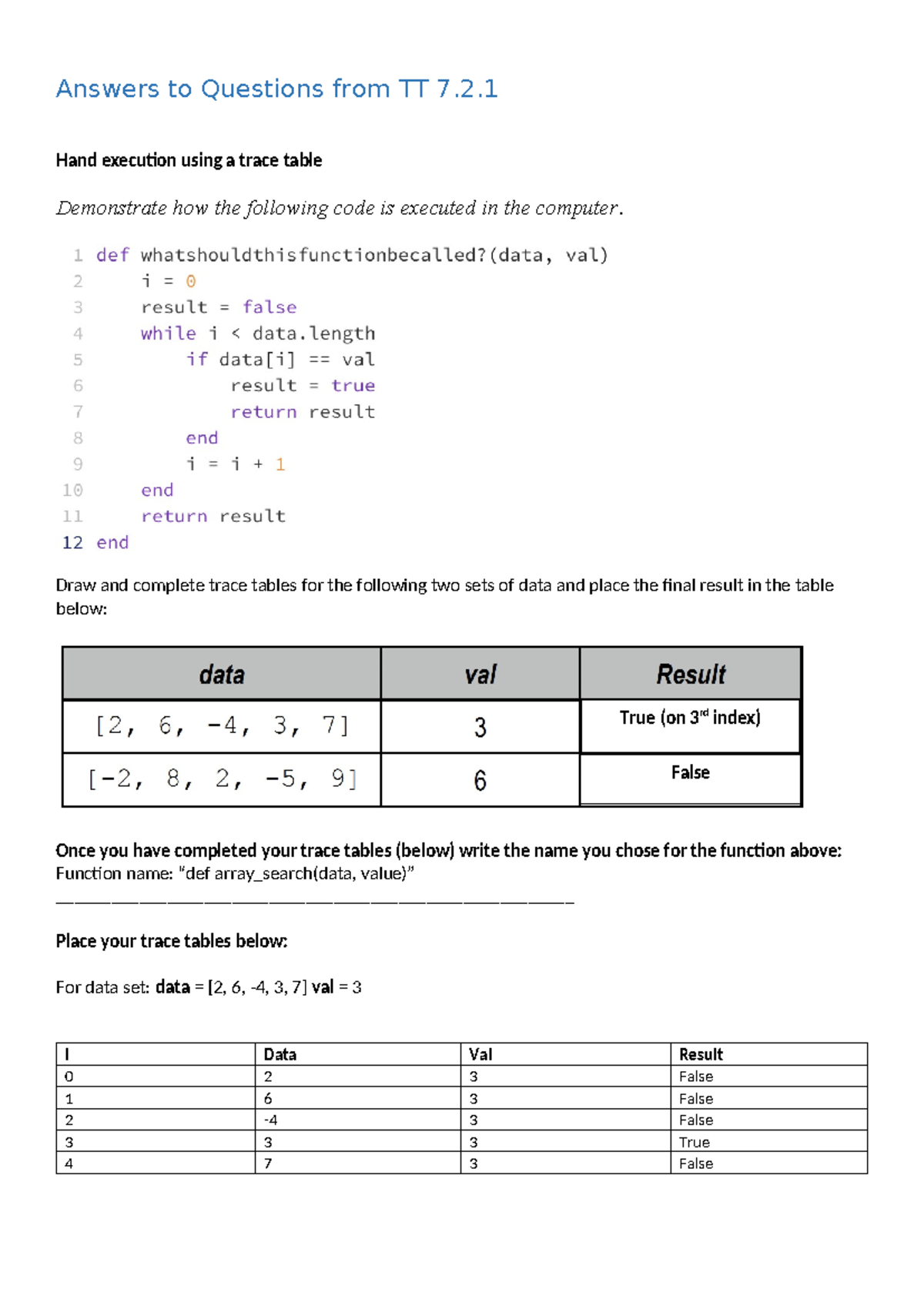 Tutorial Task - Hand execution - Array Search - Answers to Questions from TT 7. Hand execution ...