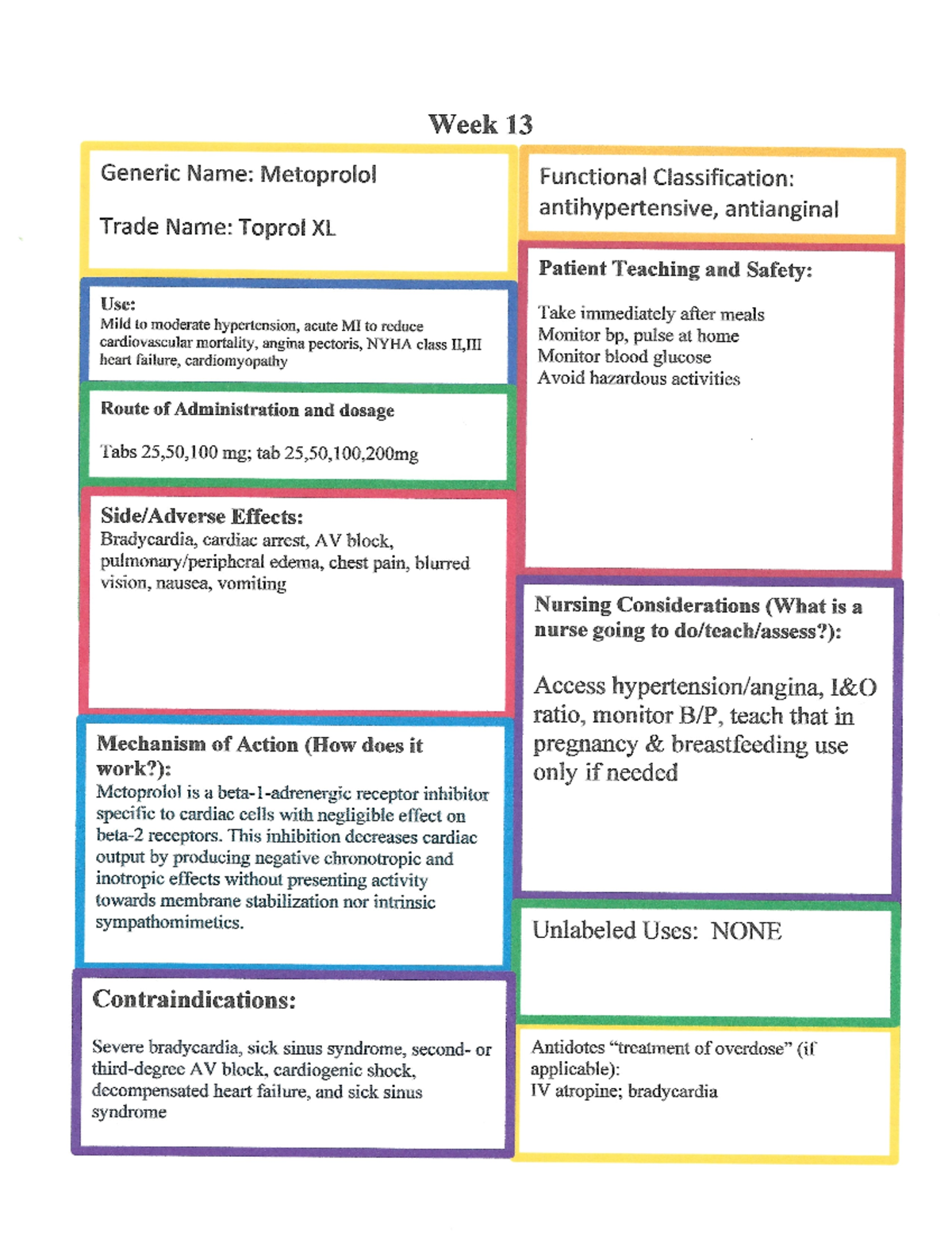 Metoprolol - Week 13 Drug Cards - NSG 124 - Studocu