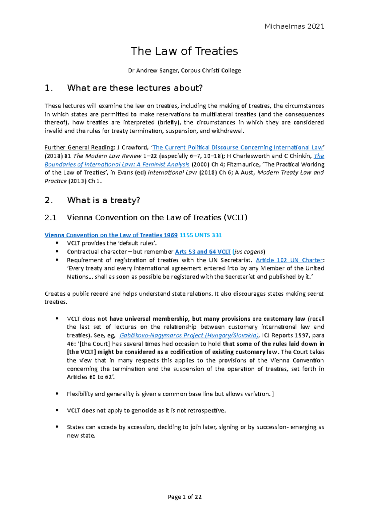 ILL7 Law of Treaties - lecture notes - The Law of Treaties Dr Andrew ...