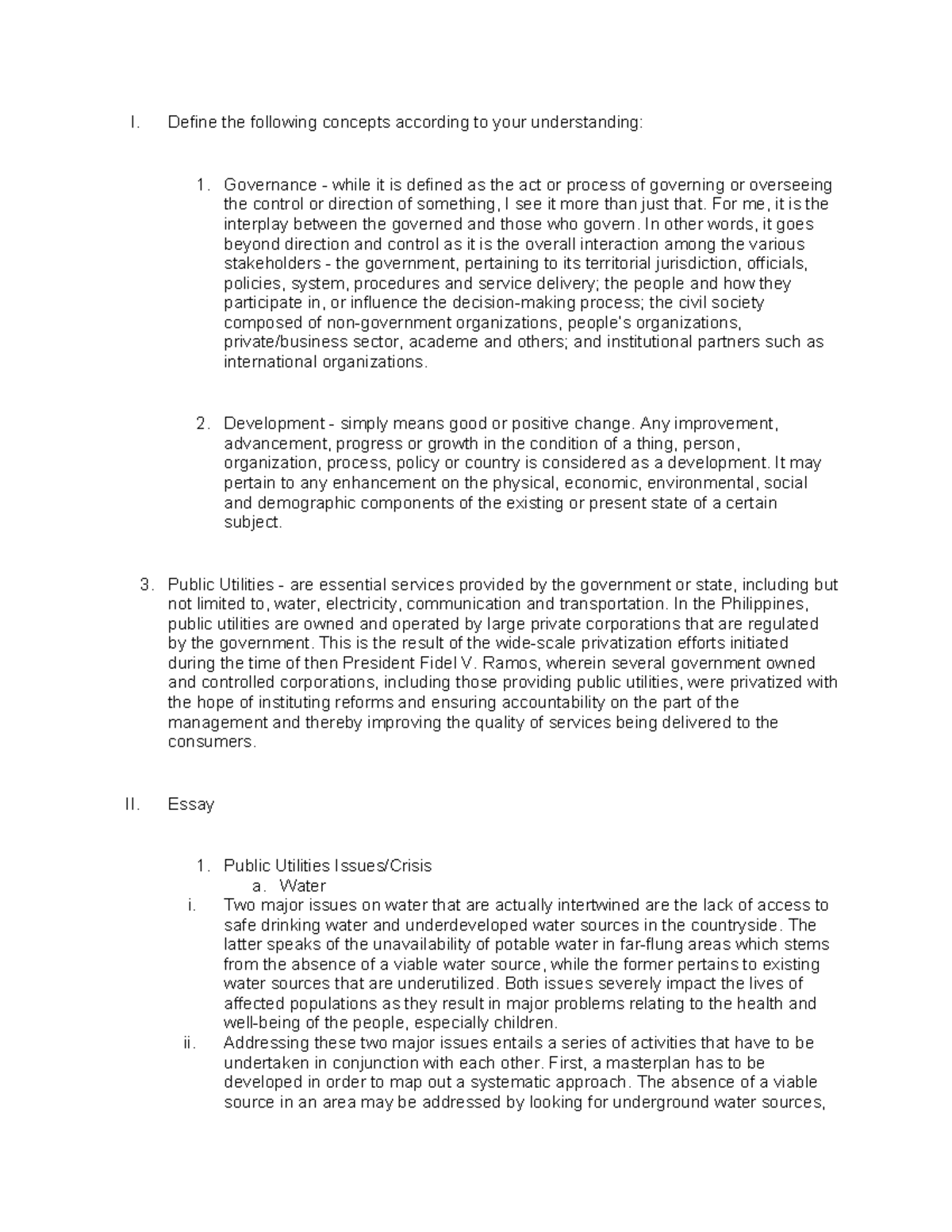 Public Utilities - I. Define the following concepts according to your ...