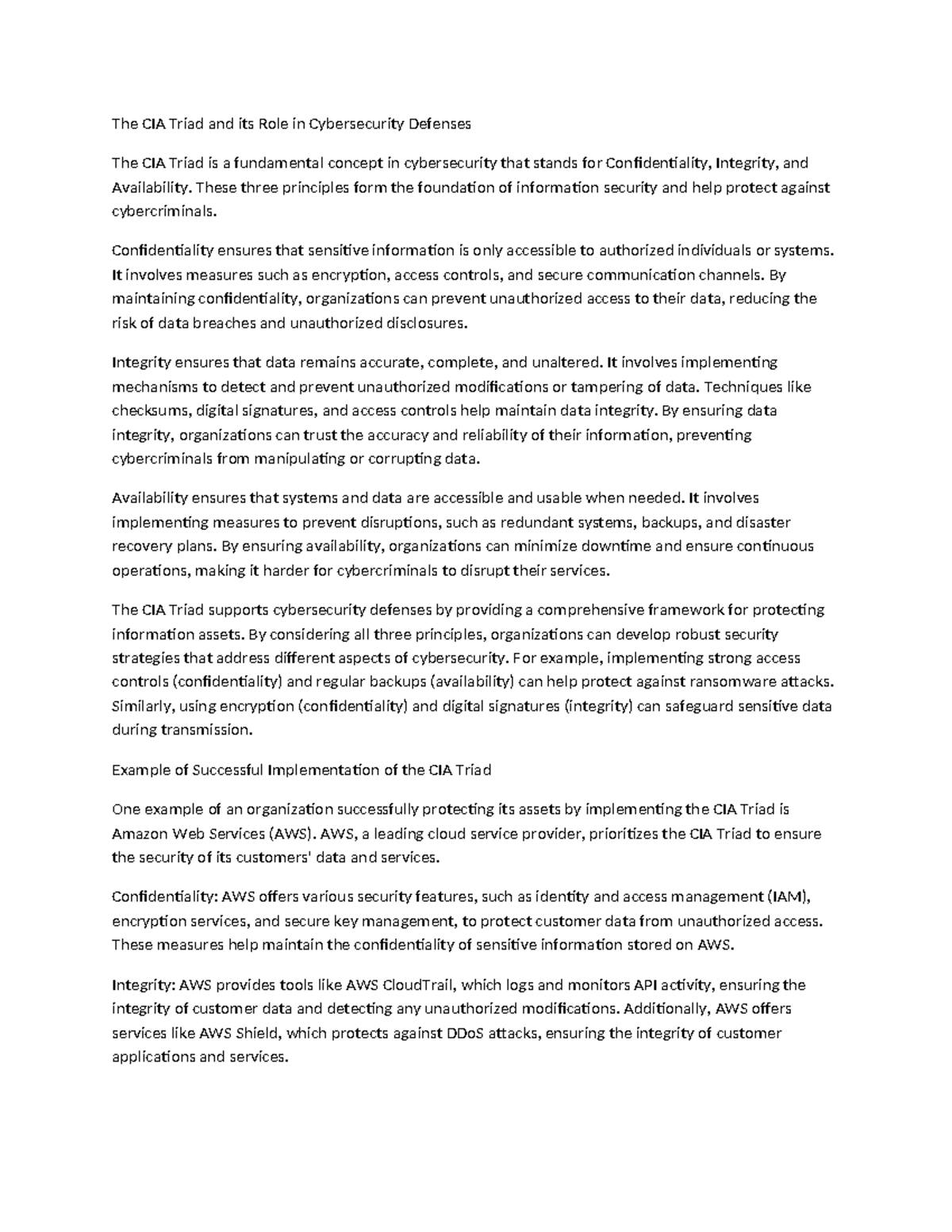 Written Assignment UNIT 1 CS 3340 - The CIA Triad and its Role in ...