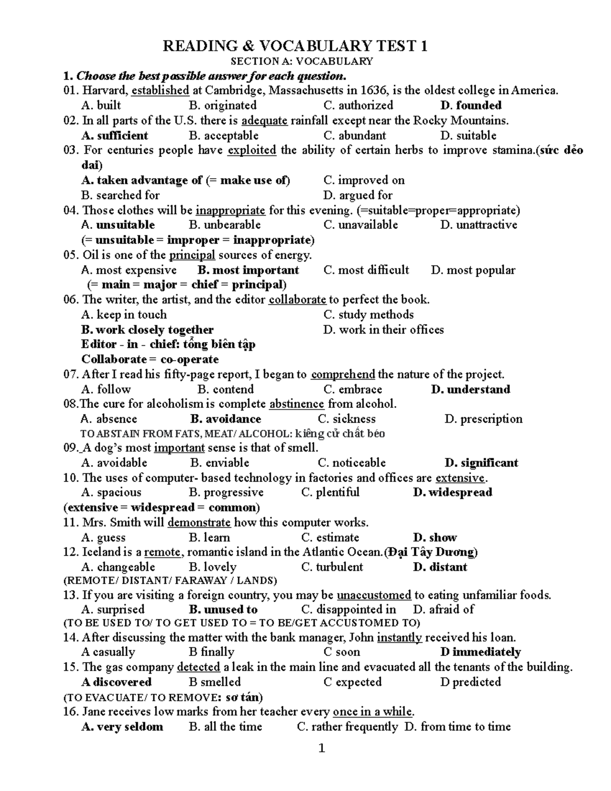 Advanced Reading TEST 1 READING VOCABULARY TEST 1 SECTION A advanced-reading-test-1-reading-vocabulary-test-1-section-a