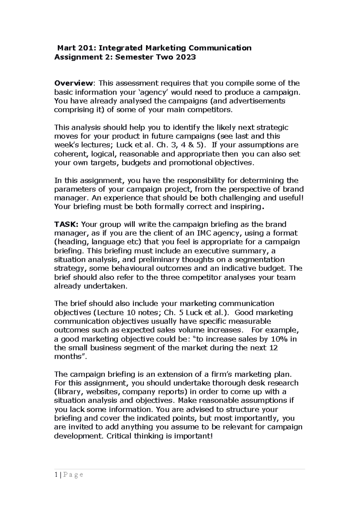 Assignment 2 Campaign Brief instructions - Mart 201: Integrated ...