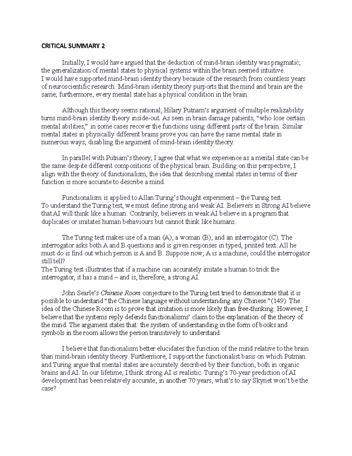 Critical Summary 2 pp111 - CRITICAL SUMMARY 2 Initially, I would have ...