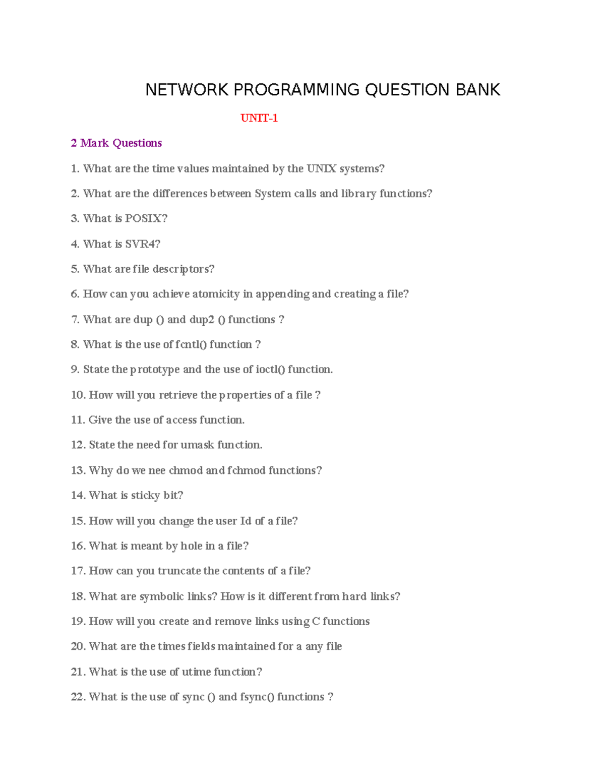 Mc7404 Network Programming Question Bank Network Programming Question Bank Unit 2 Mark