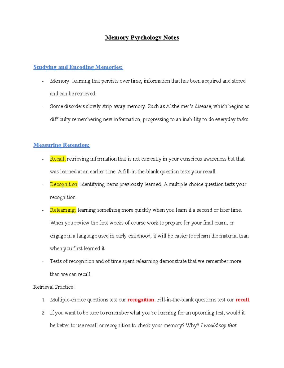 PSY 100 - Memory Notes - Memory Psychology Notes Studying and Encoding ...