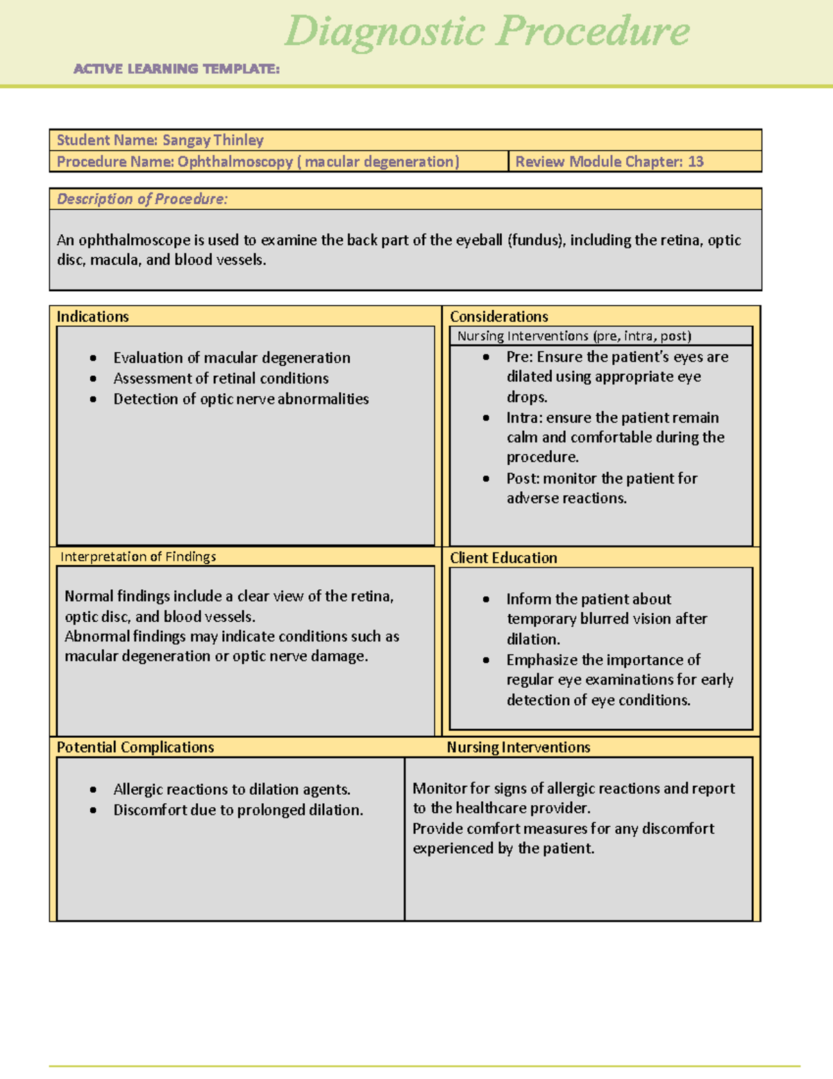 Diagnostic alter 1 - diagnosis template ATI - Indications - Evaluation ...