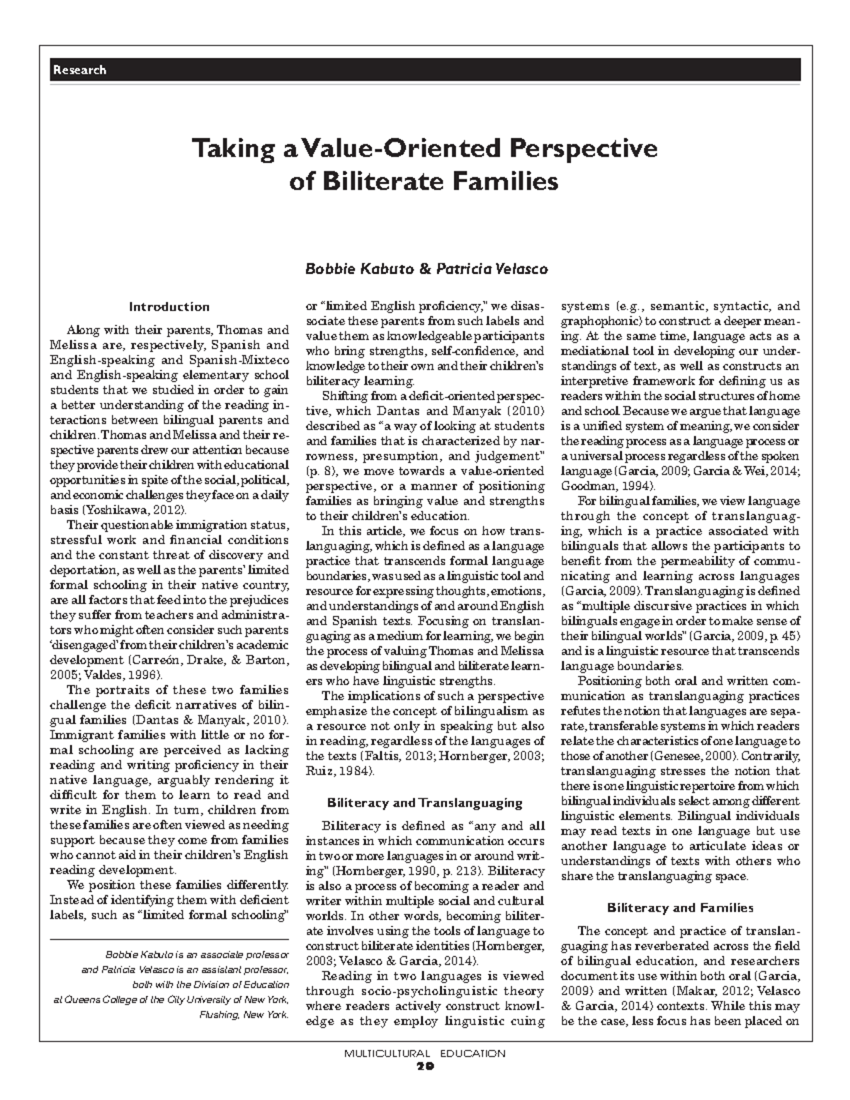 Taking a Value-Oriented Perspective of Biliterate Families Article for ...
