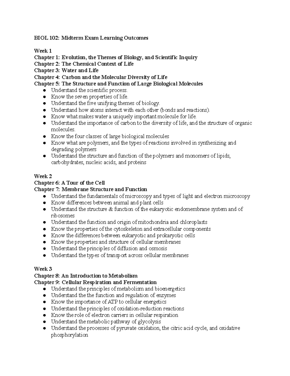 BIOL 102 Midterm Exam Learning Outcomes - BIOL 102: Midterm Exam Learning Outcomes Week 1 ...