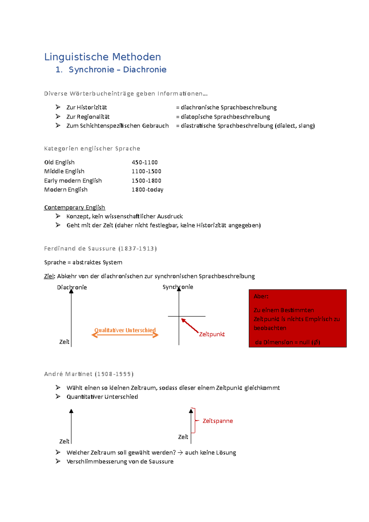 Linguistik Zusammenfassung - Linguistische Methoden 1. Synchronie ...