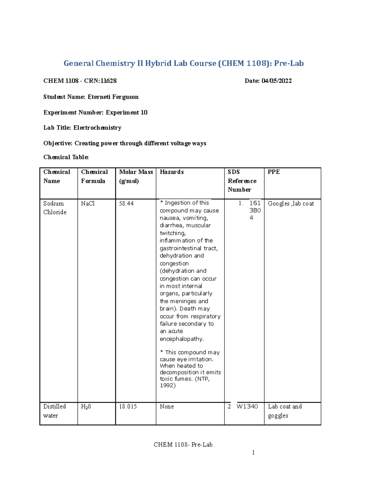 CHEM 1108 Hybrid Pre-Lab 10 - General Chemistry II Hybrid Lab Course ...