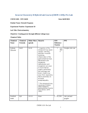 CHEM 1108 Pre-Lab Weak Acid-Strong Base Titration - General Chemistry II Hybrid Lab Course (CHEM ...