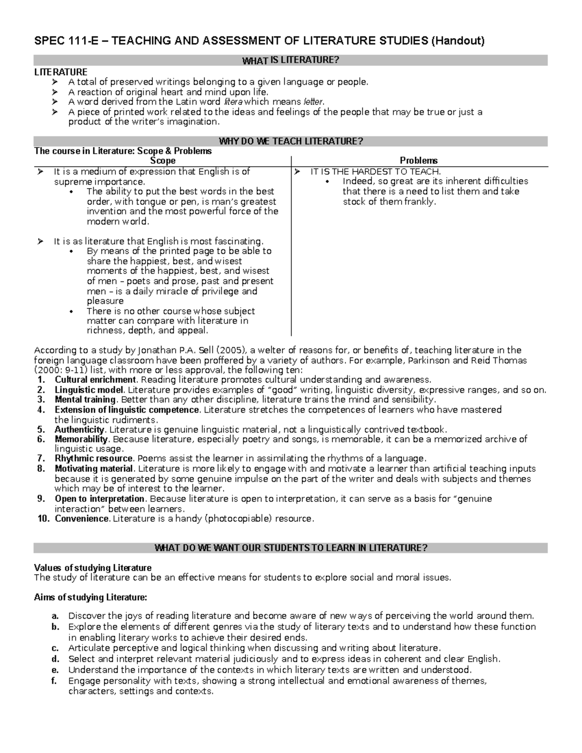 Handouts Teaching and Learning Assessment - WHY DO WE TEACH LITERATURE ...