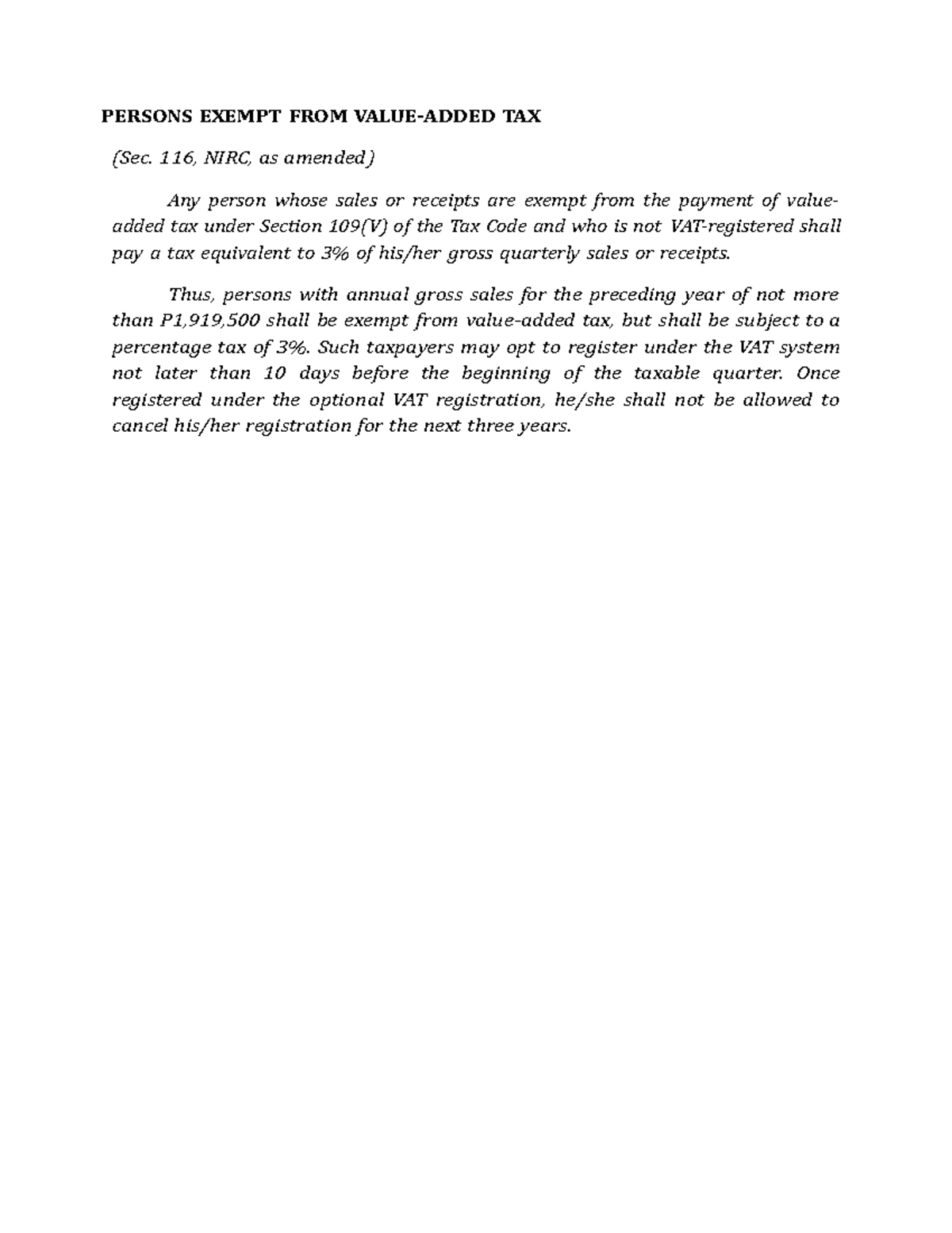 Persons Exempt FROM Value - PERSONS EXEMPT FROM VALUE-ADDED TAX (Sec ...