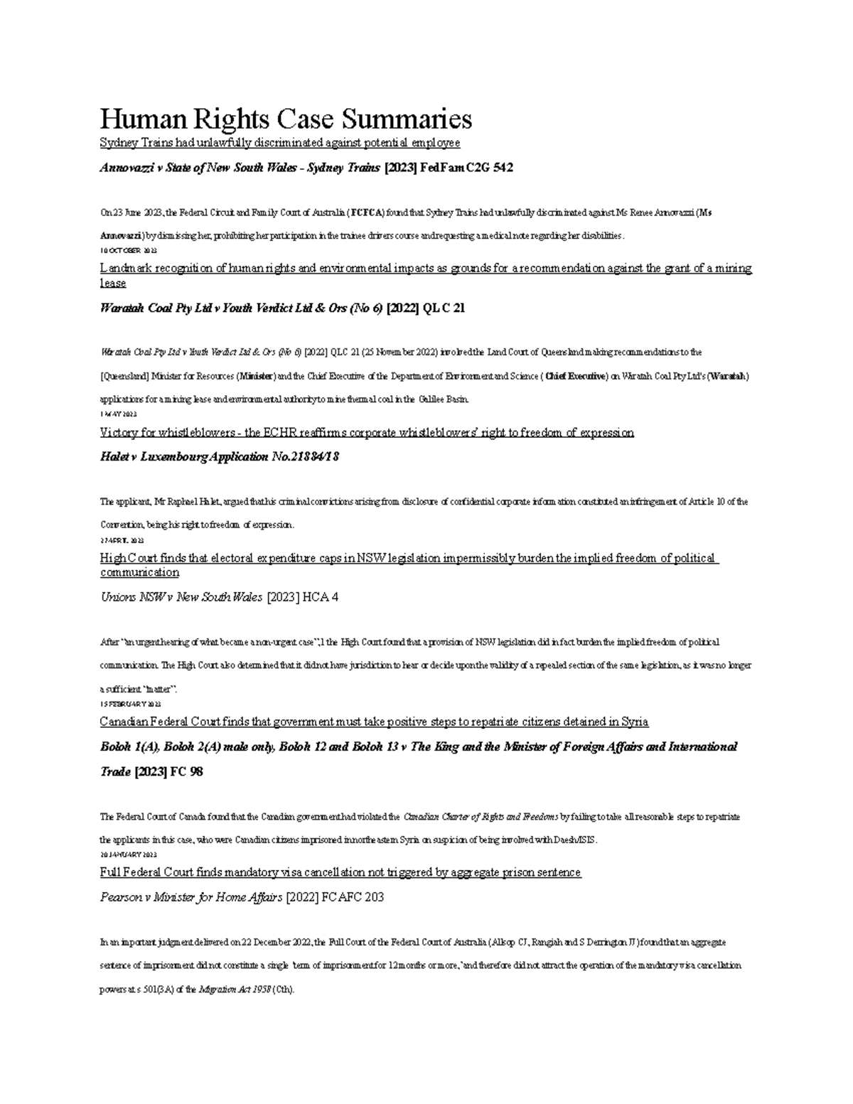 International Human Right Cases - Human Rights Case Summaries Sydney ...