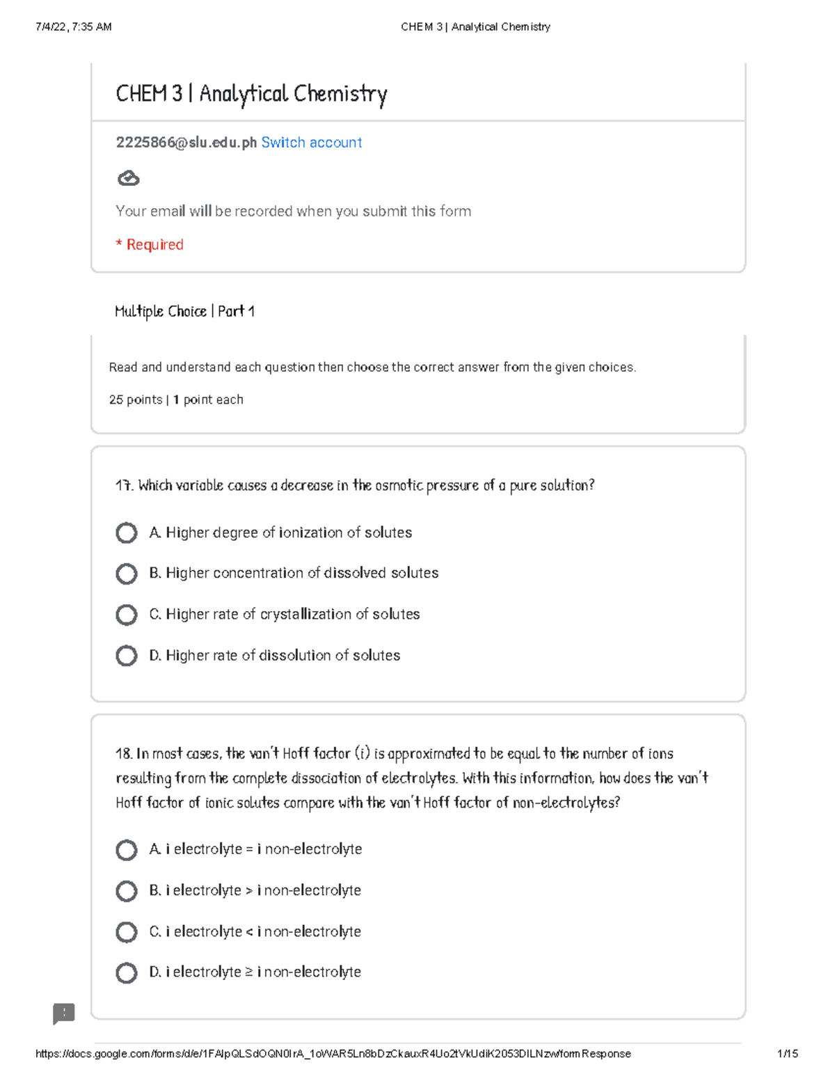 CHEM 3 Analytical Chemistry 4 - Multiple Choice | Part 1 Read and ...