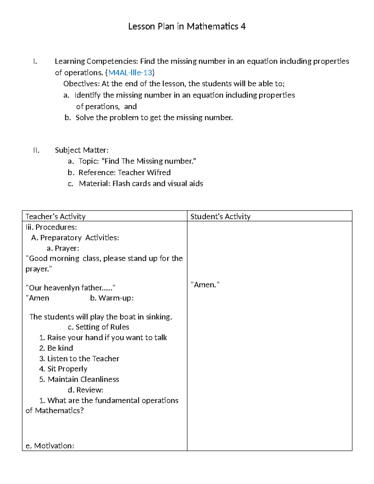 Mathlp - Lesson Plan in Mathematics 4 I. Learning Competencies: Find ...