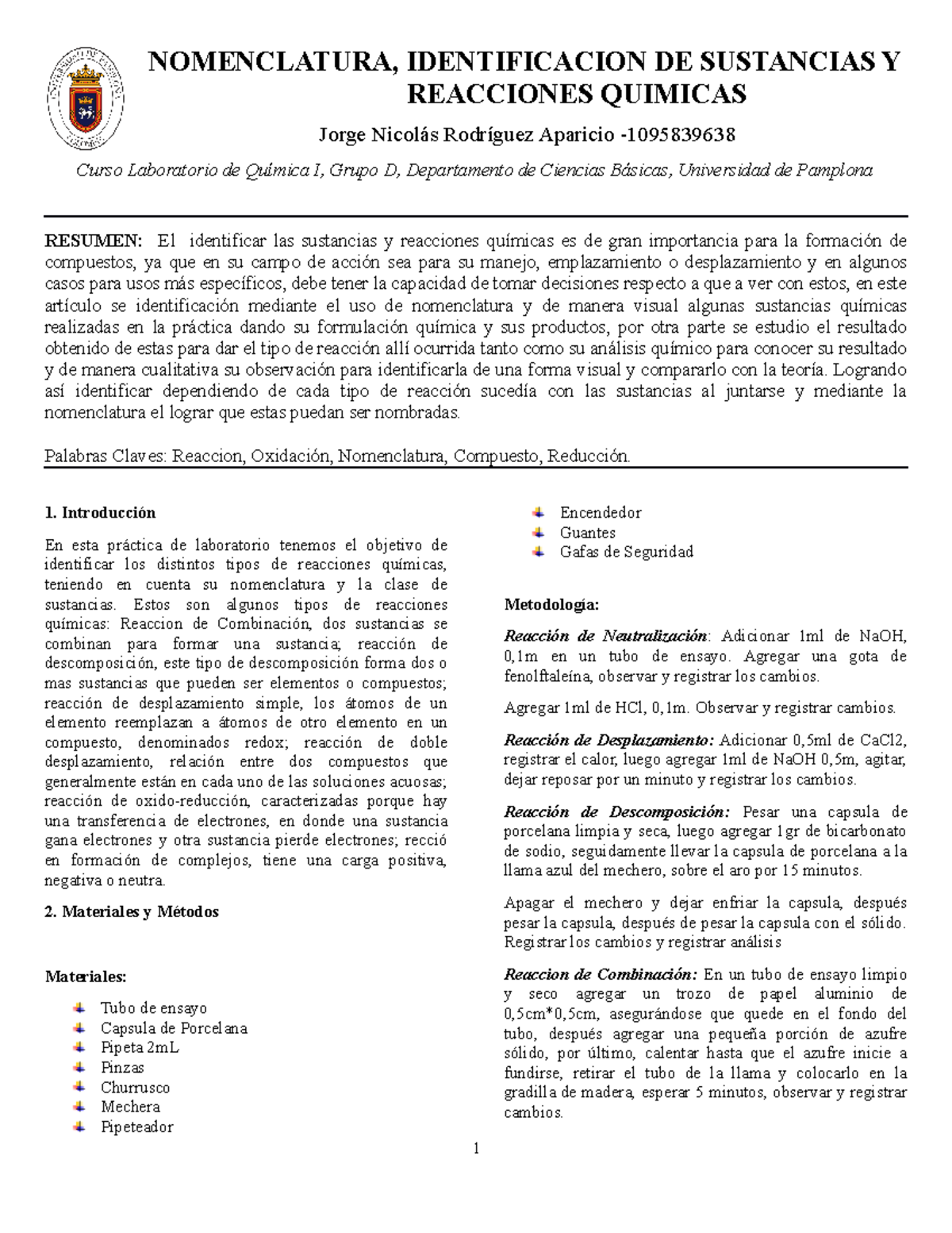 Laboratorio quimica - trabajo - NOMENCLATURA, IDENTIFICACION DE SUSTANCIAS Y REACCIONES QUIMICAS ...